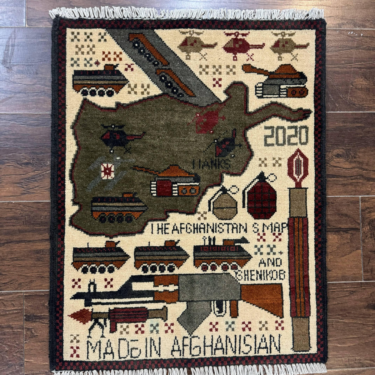 Afghan War Rug, Tanks Helicopters Guns – Jewel Rugs