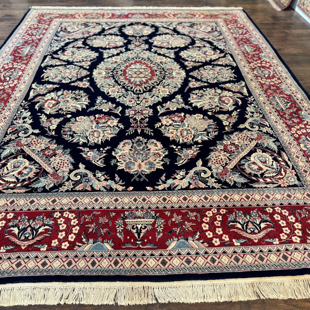 Sino Persian Rug 8x10, Floral Kirman Carpet, Navy Blue and Red, Floral ...