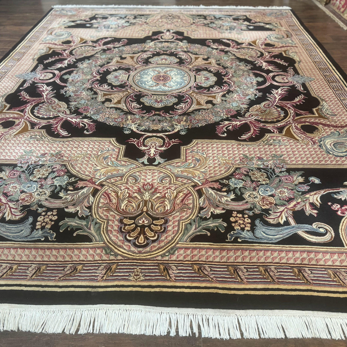 Aubusson Rug 9x12, Very Fine 290 KPSI, Black and Beige, Elegant Europe ...