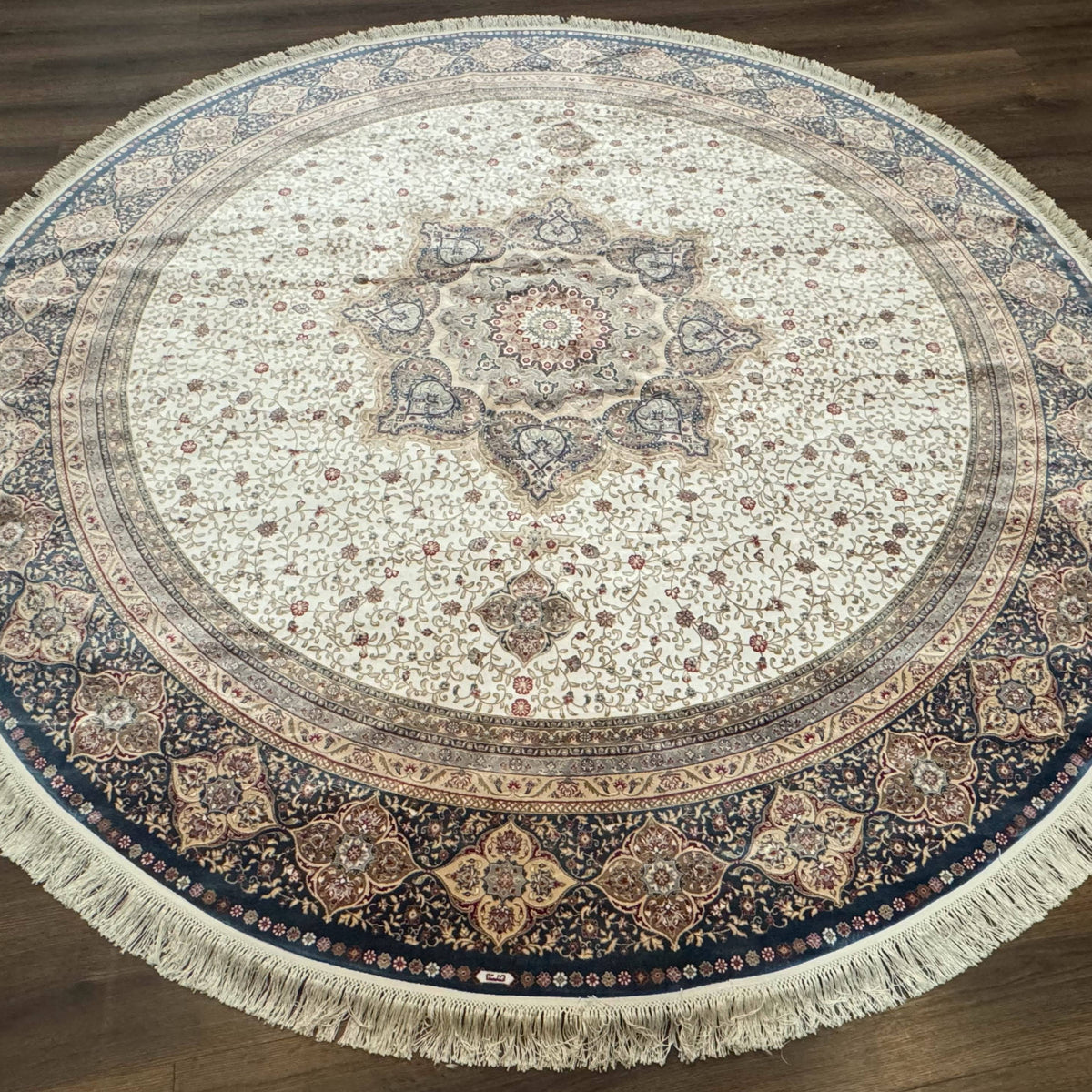 Large Turkish Round Silk Rug 8x8 ft, Floral Medallion, Ivory & Navy Bl ...