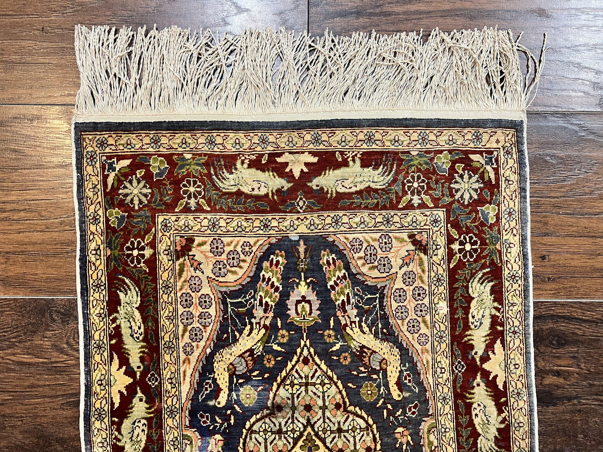 Silk Turkish Hereke Rug 2x3, Peacocks Birds, Signature from Master Wea ...