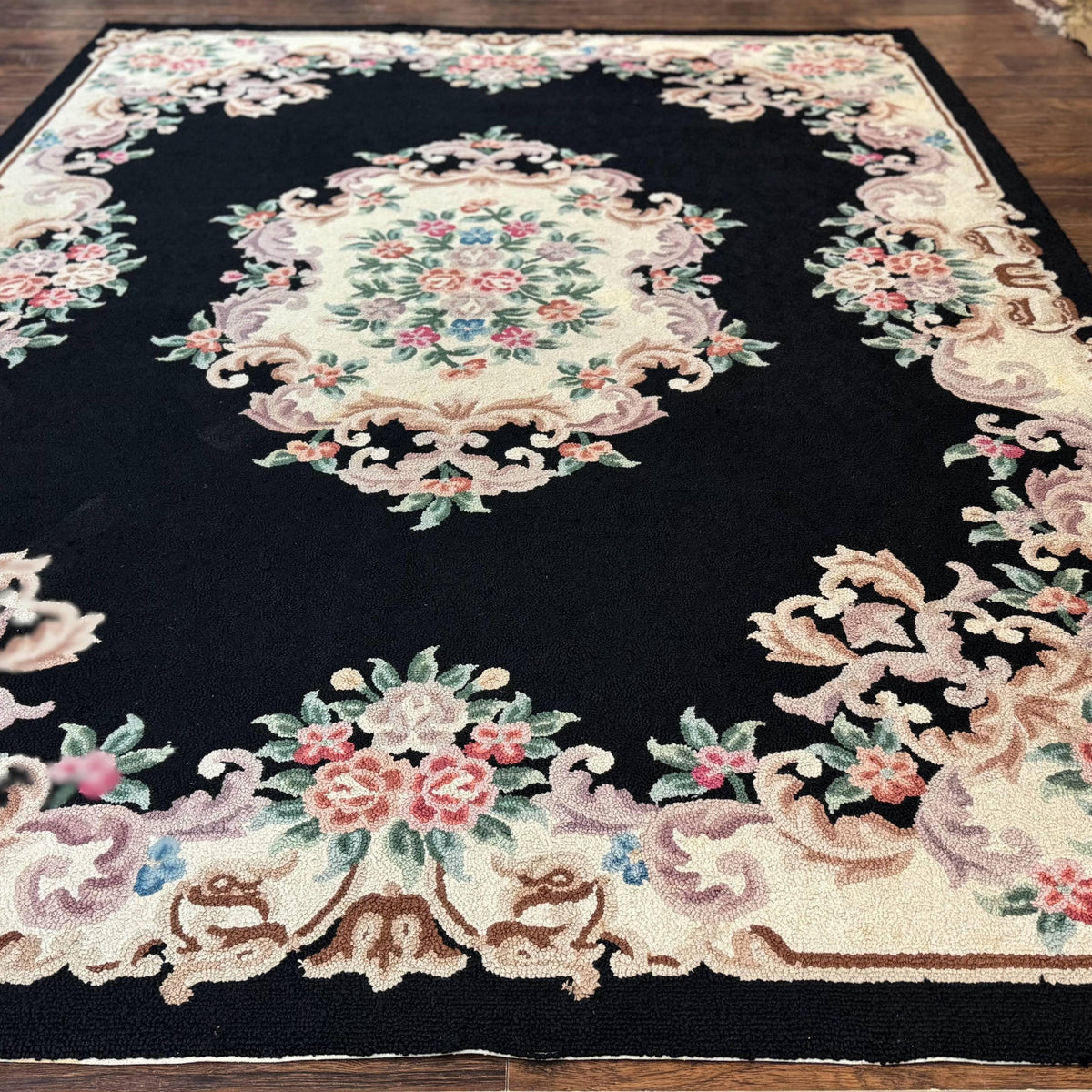 Aubusson Rug 8x11, Black and Ivory, Hooked Rug, Vintage, Wool – Jewel Rugs