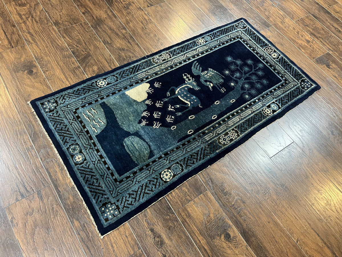 Antique Chinese Peking Rug 3x5, Dark Blue Chinese Wool Rug 3 x 5, Anim ...