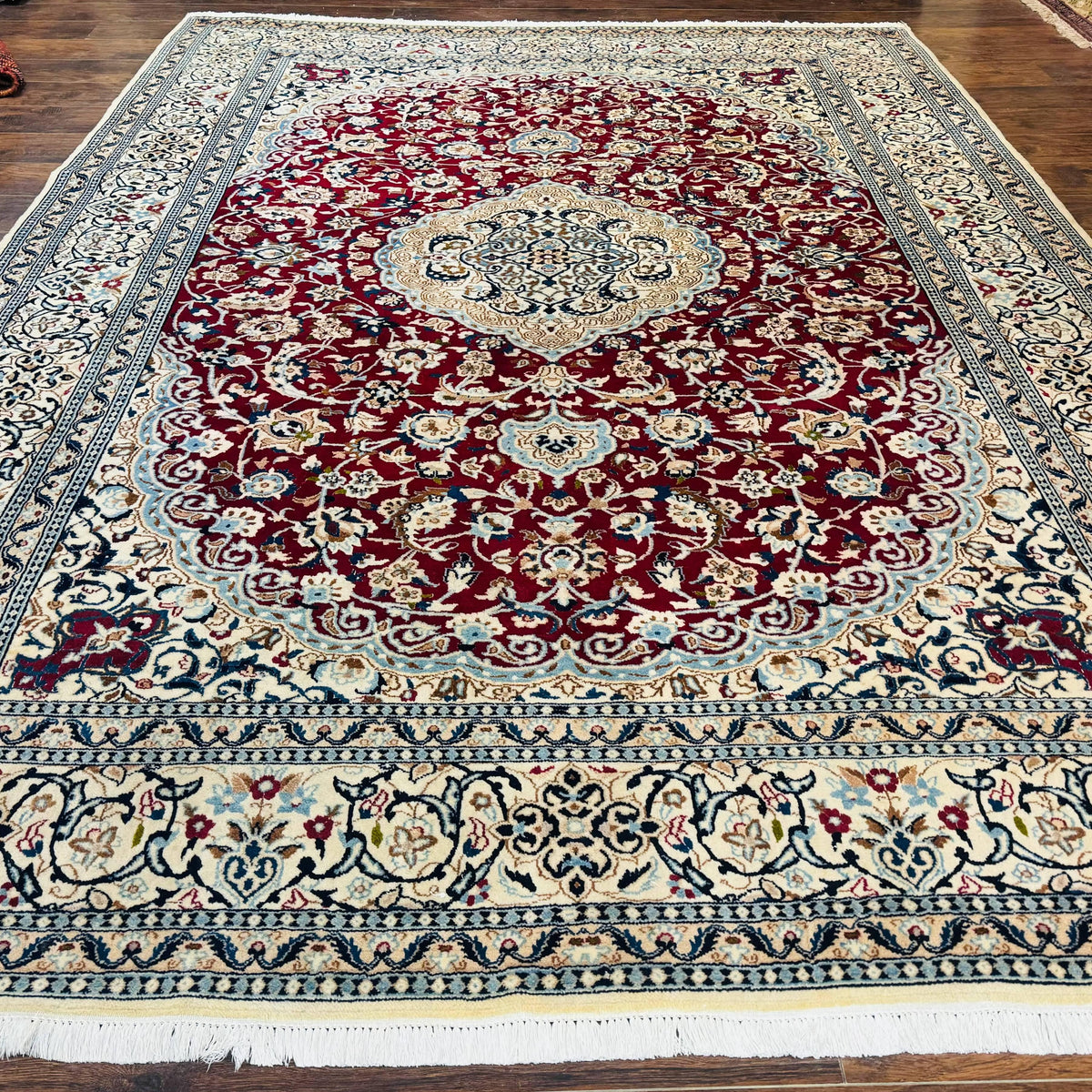 Persian Nain Rug 8x11, Wool and Silk Highlights, Burgundy & Ivory ...