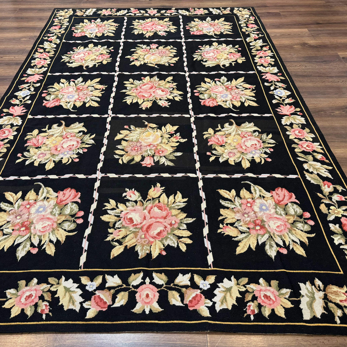 Black Floral Needlepoint Rug 5x9, European Panel Design, Vintage Carpe ...