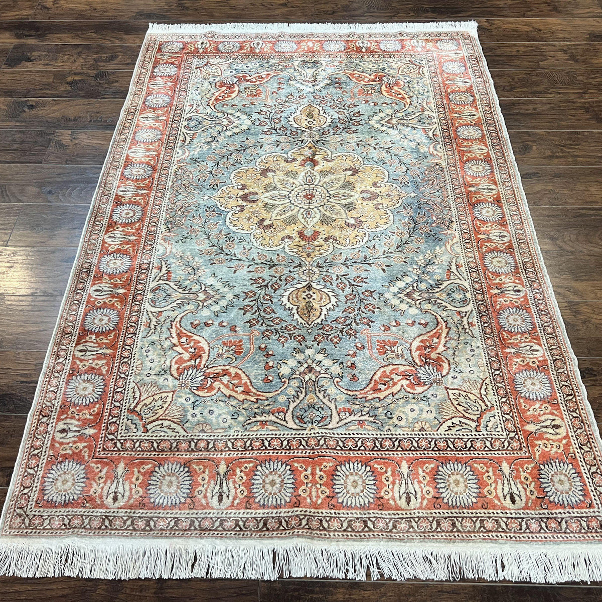 Silk Turkish Rug 5x7, Light Blue Silk Carpet, Floral Medallion, Turkis ...