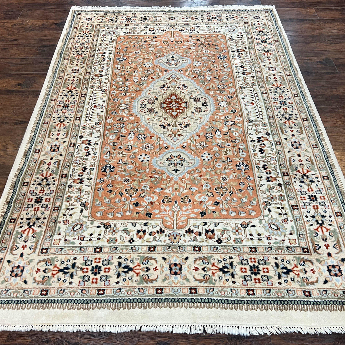 Indo Persian Rug 6x9, Wool Hand Knotted Vintage Carpet, Salmon & Ivory ...