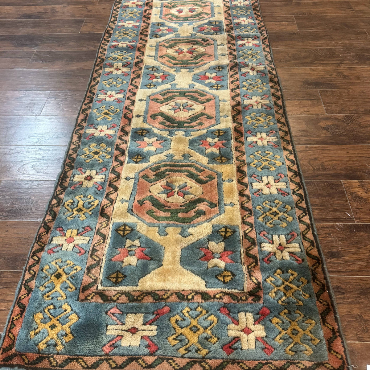 Turkish Kazak Runner Rug 3x11, Cream and Light Blue, Vintage – Jewel Rugs