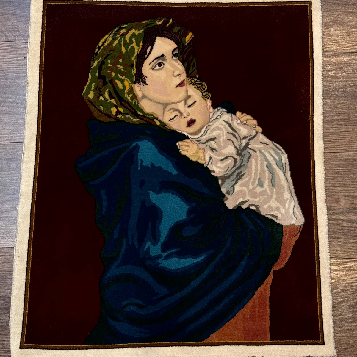 Small Persian Tabriz Pictorial Rug 2x2, Mother Holding Child, Very Fin ...