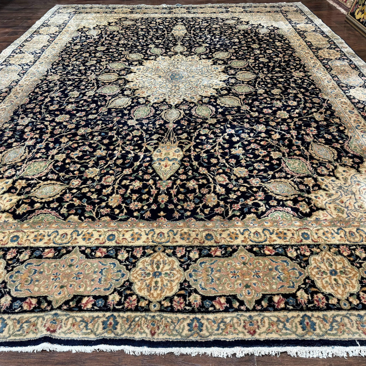 Large Persian Kerman Rug 10x14, Navy Blue and Beige, Floral Medallion ...