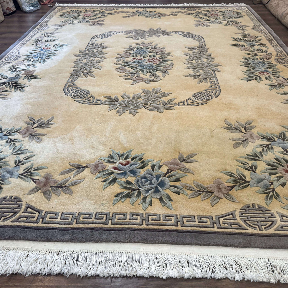 Chinese Wool Rug 9x12, Carving 90 Line Carpet, Floral, Cream and Green ...