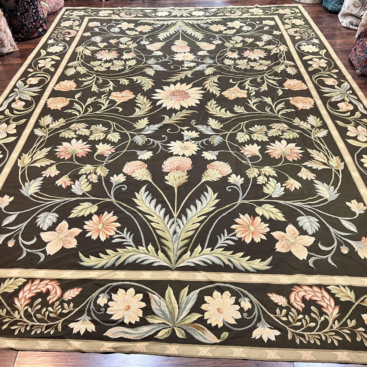 Large Needlepoint Rug 11x16, Dark Green Floral Elegant European Design ...