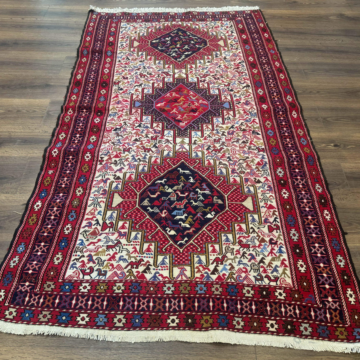 Persian Soumak Kilim Rug 4x6, Triple Medallions Tribal Pictorials, Cau ...