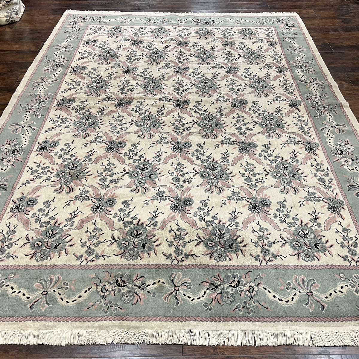 Belgium Power Loomed Rug 8x11, Ivory and Green, Wool Carpet, Floral ...
