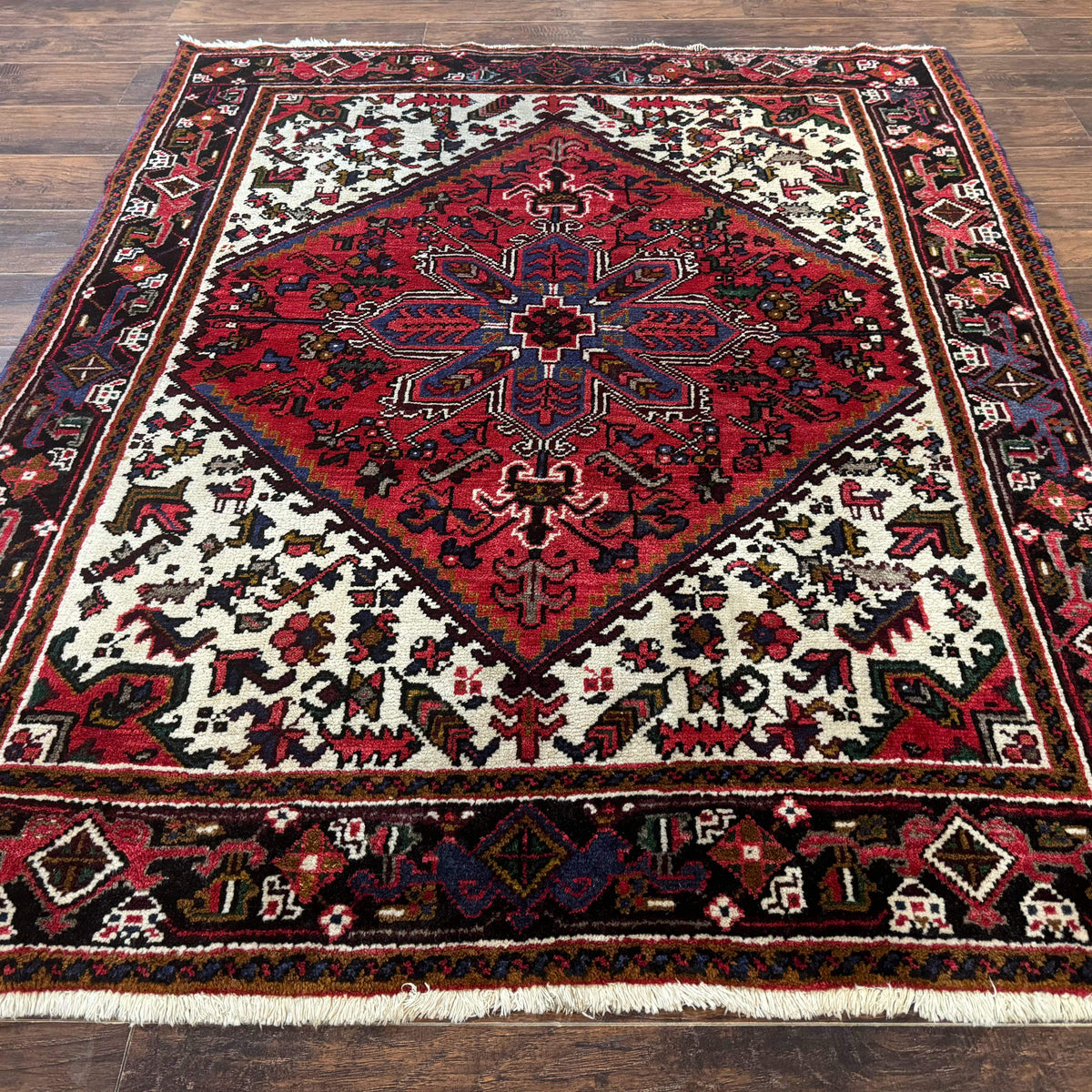 Persian Heriz Rug 5x6 – Red and Ivory, Hand-Knotted Wool, Vintage Geom ...