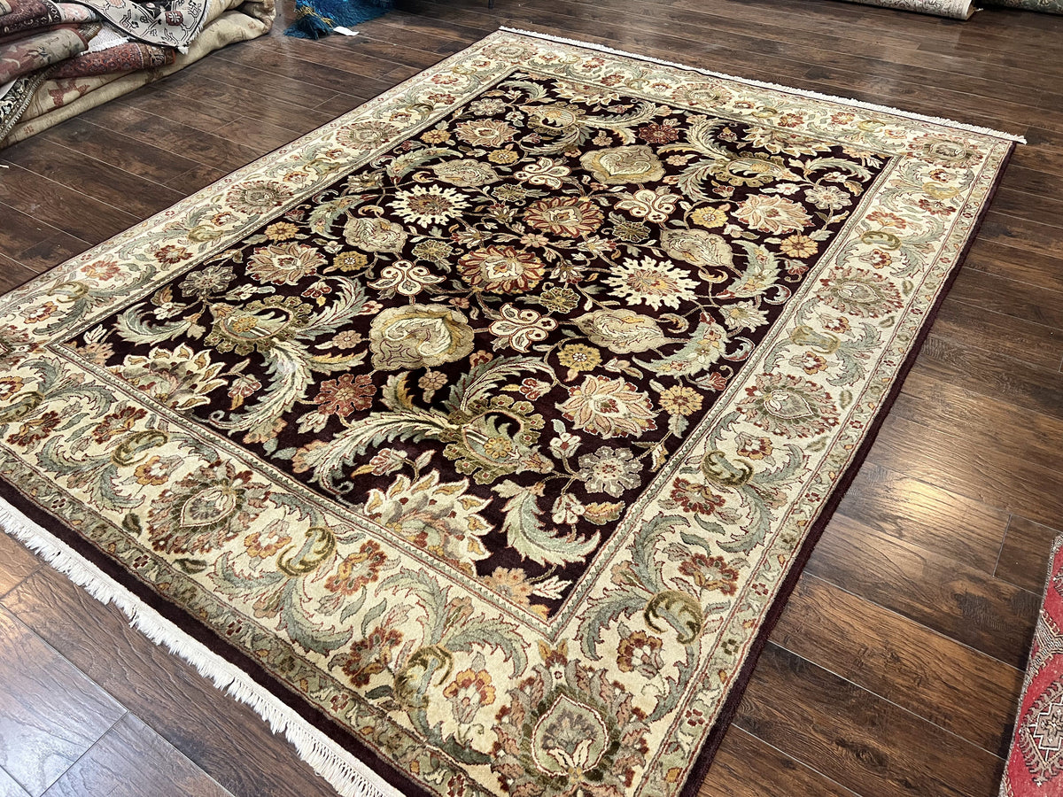 Indo Persian Rug 8x10, Maroon/Eggplant Cream Color, Allover Floral Han ...