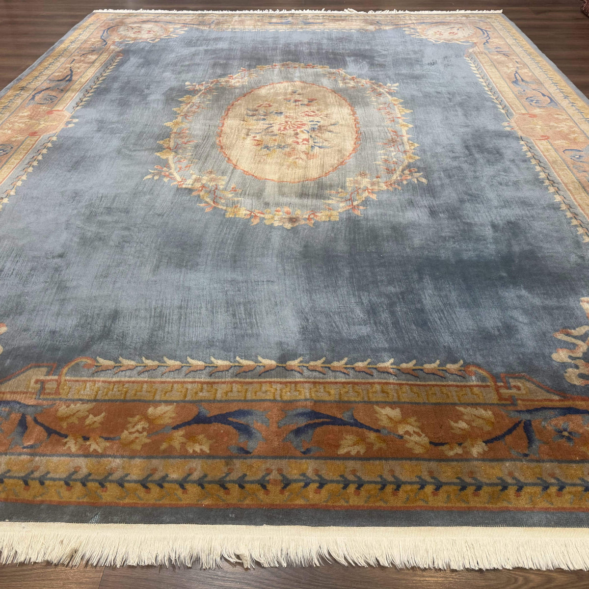 Chinese Aubusson Wool Rug 9x11, Light Blue and Salmon, Hand Knotted, S ...