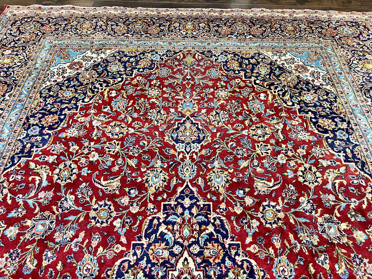 Persian Kashan Rug 10x14, Wool Hand Knotted Vintage Carpet, Red & Navy ...