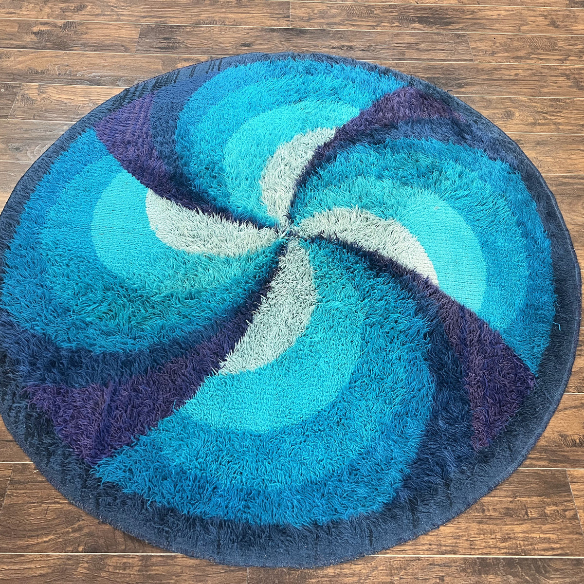 Round Rya Shag Rug 6x6 ft, Round Danish Rug, Shades of Blue, Mid Centu ...