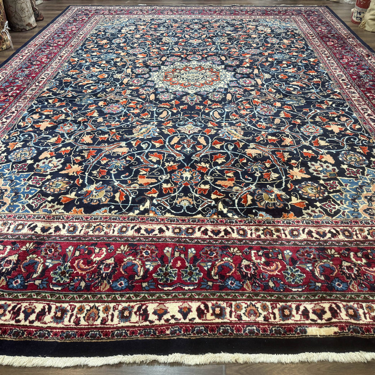 Palace Size Persian Mashad Rug 11x16, Navy Blue and Red, Floral Medall ...