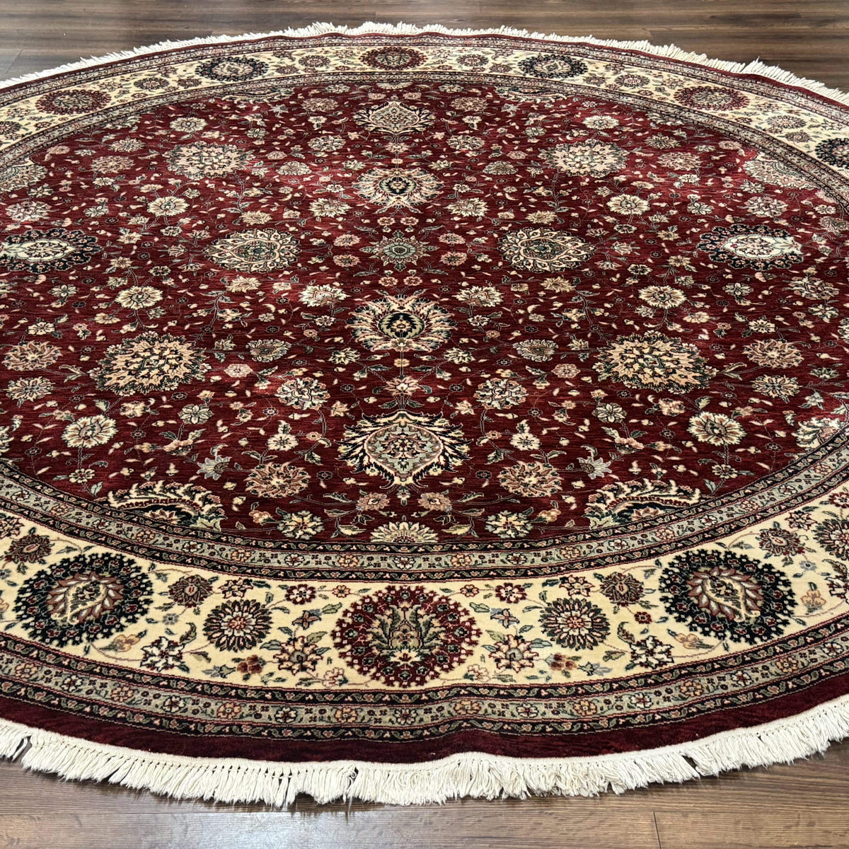 Round Sino Persian Rug 9x9, Burgundy and Cream, Floral, Wool and Silk ...