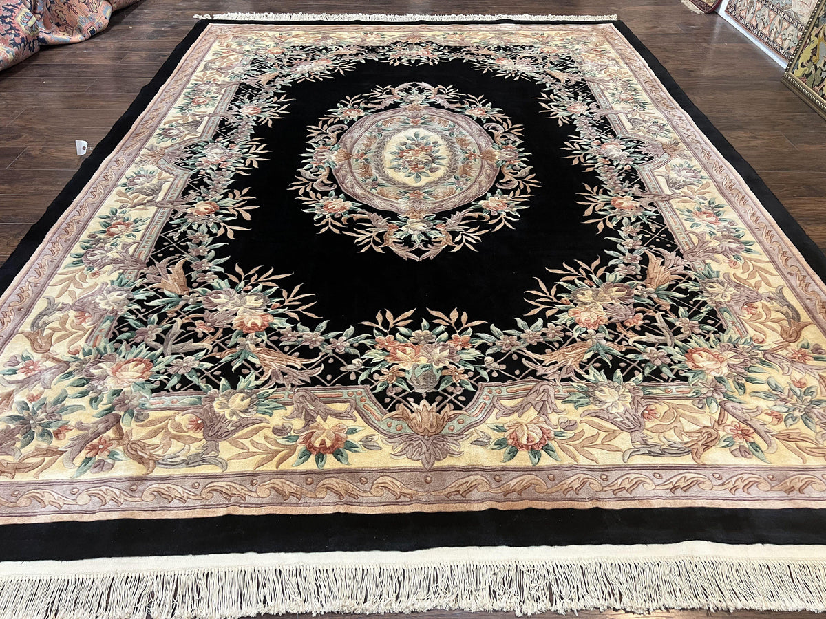 Chinese Aubusson Rug 9x12, Chinese Wool Rug, Vintage Handmade Black ...