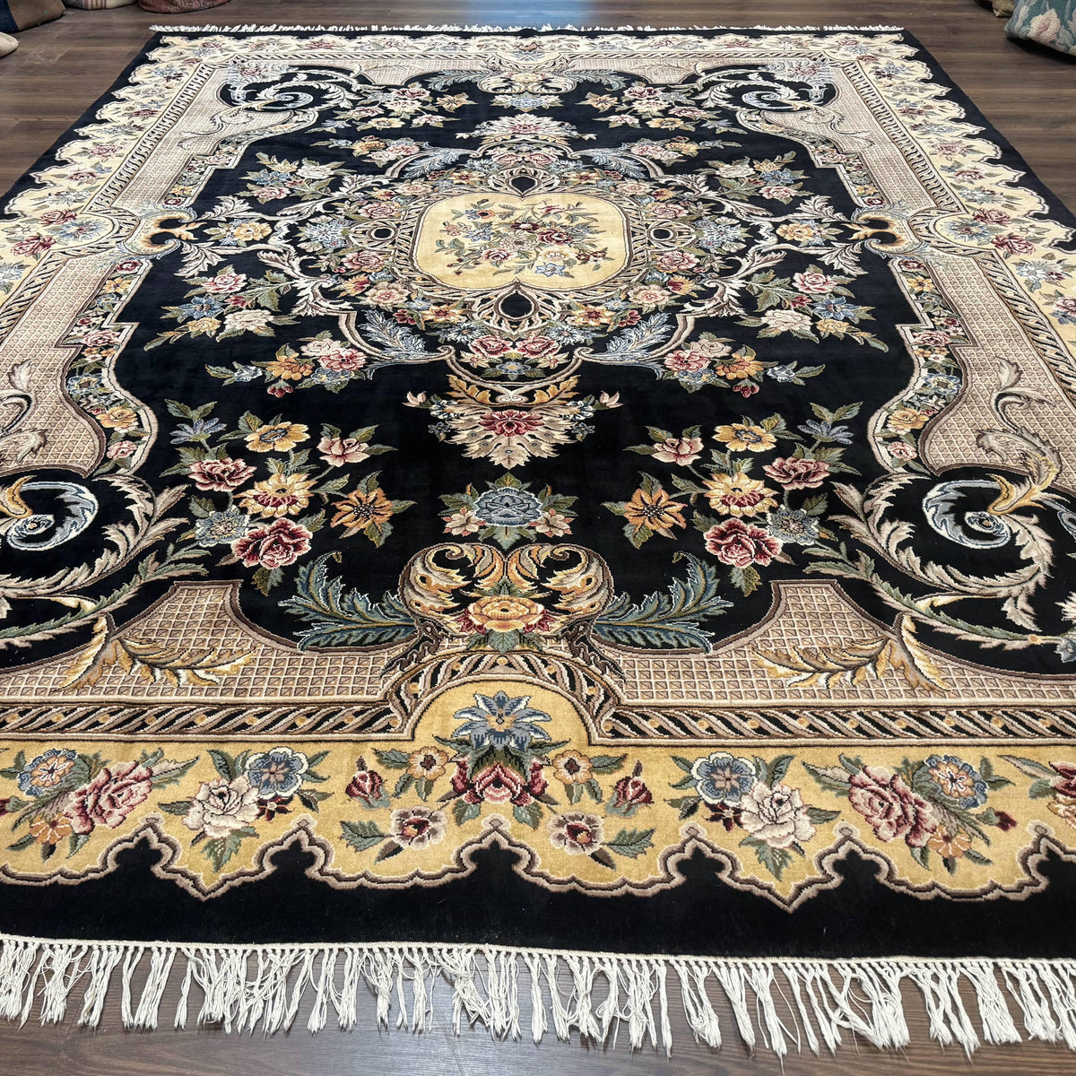 Aubusson Rug 9x12, Black and Beige, Floral, Elegant Handmade French Eu ...