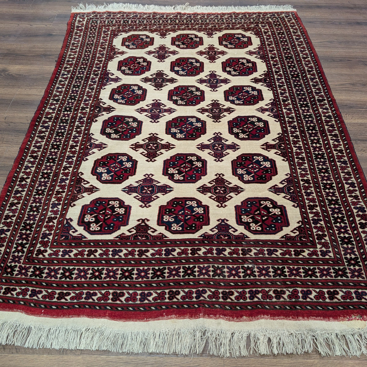 Persian Turkoman Rug 4.6 x 6, Ivory and Red, Bokhara Wool Carpet, Trib ...
