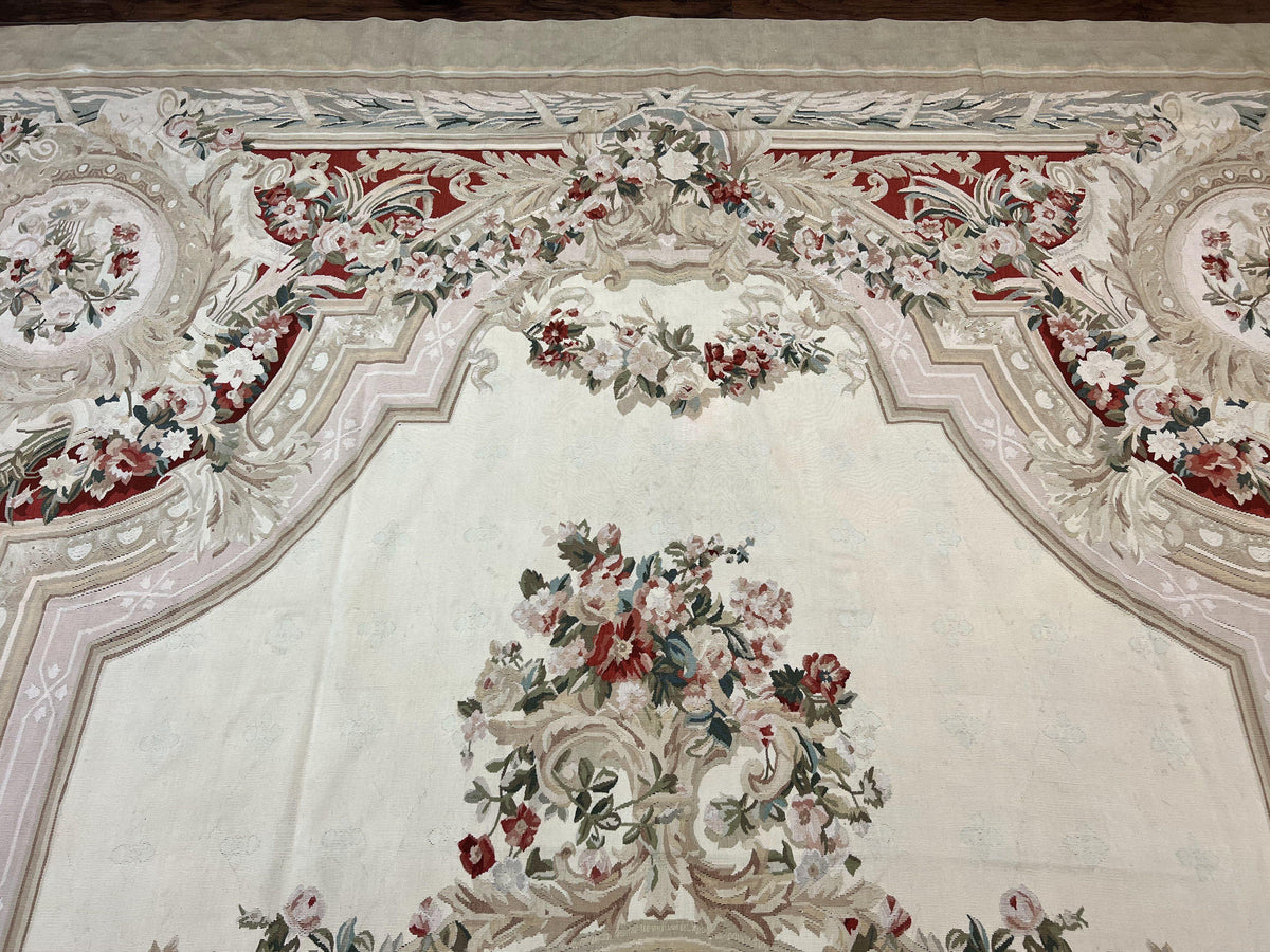 Large Aubusson Rug 11x17, Wool Handmade Vintage Carpet, Ivory Beige, F ...