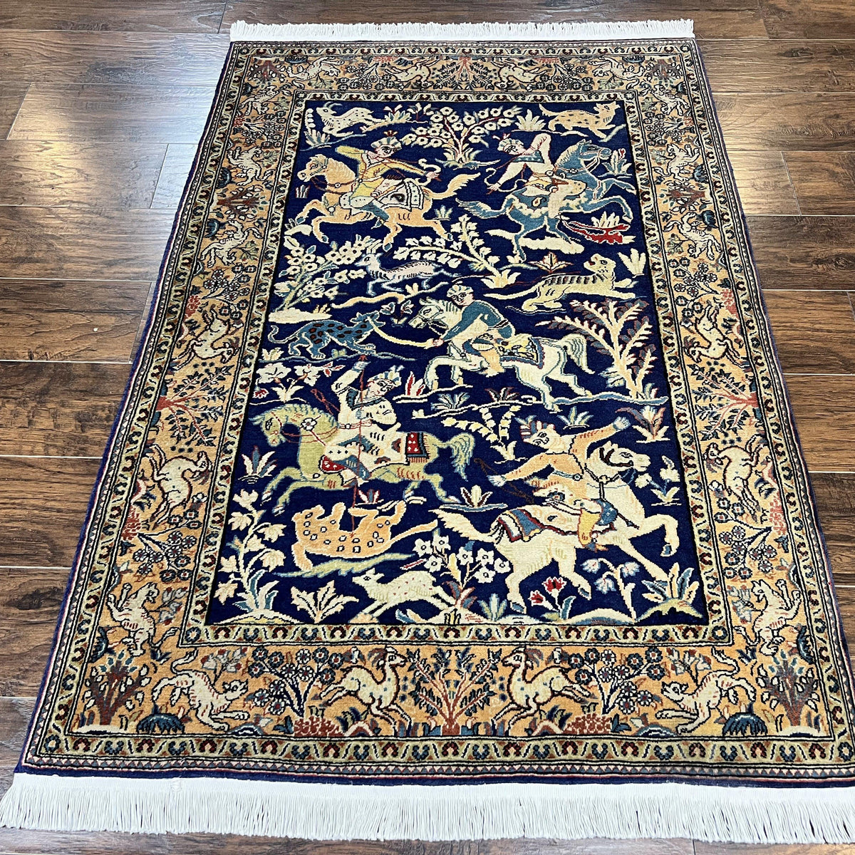Persian Qum Hunting Design Rug 4x5, Wool Hand Knotted Vintage Oriental ...