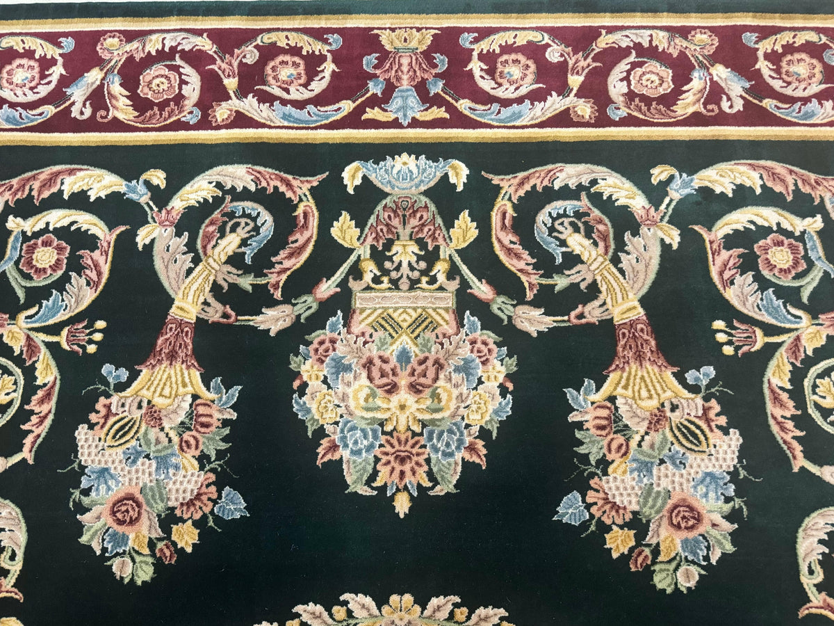 Aubusson Rug 9x12, Dark Green, European Design, Vintage Fine Handmade ...