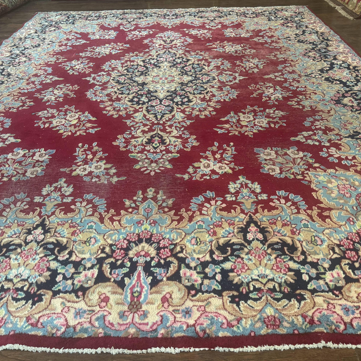 Persian Kerman Rug 10x12, Raspberry Red and Navy Blue, Traditional Per ...
