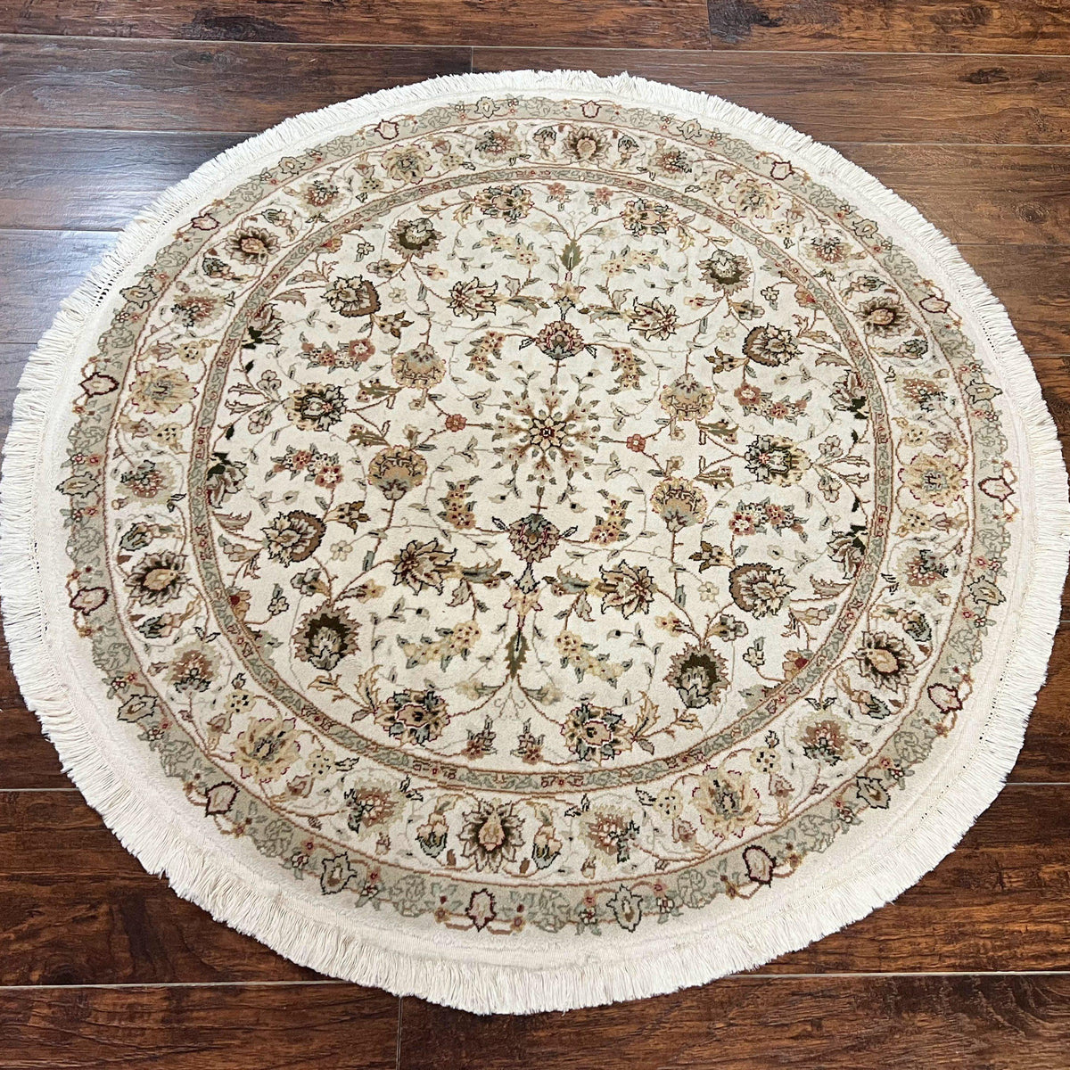 Sino Persian Round Rug 4x4, Floral Allover, Ivory, Hand Knotted Handma ...