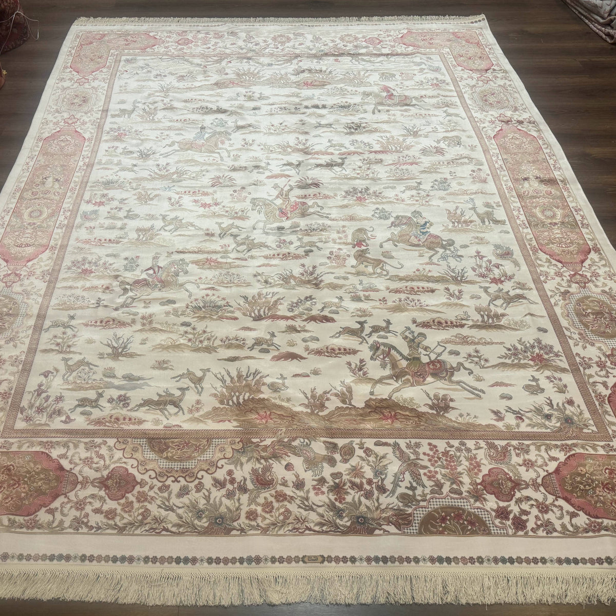 Large Turkish Silk Rug 8x10, Ivory, Hunting Design, Bamboo Silk, New ...