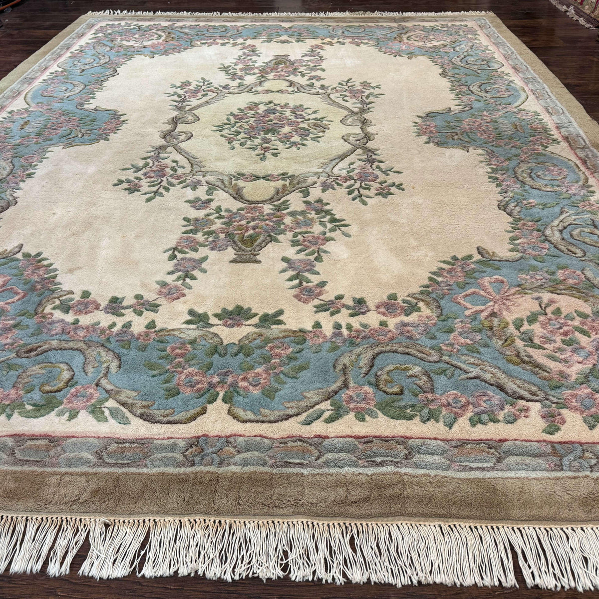 Indo Chinese Aubusson Rug 9x12, Beige and Light Blue, European Design ...
