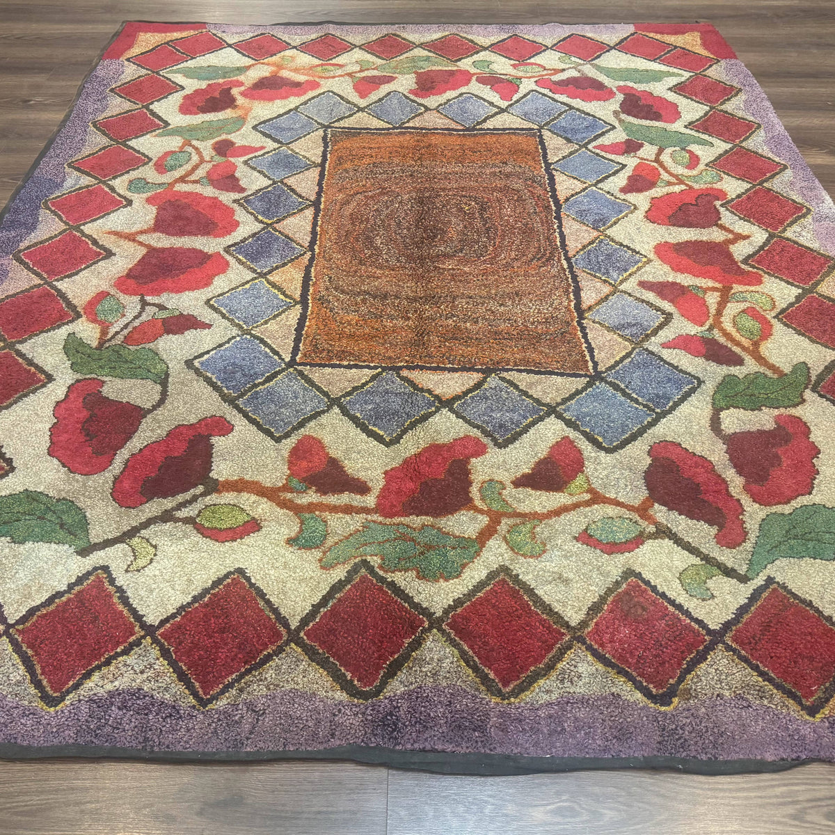 Vintage American Hooked Rug 6x7, Unique Colors, Red Lavender Cream, Ab ...