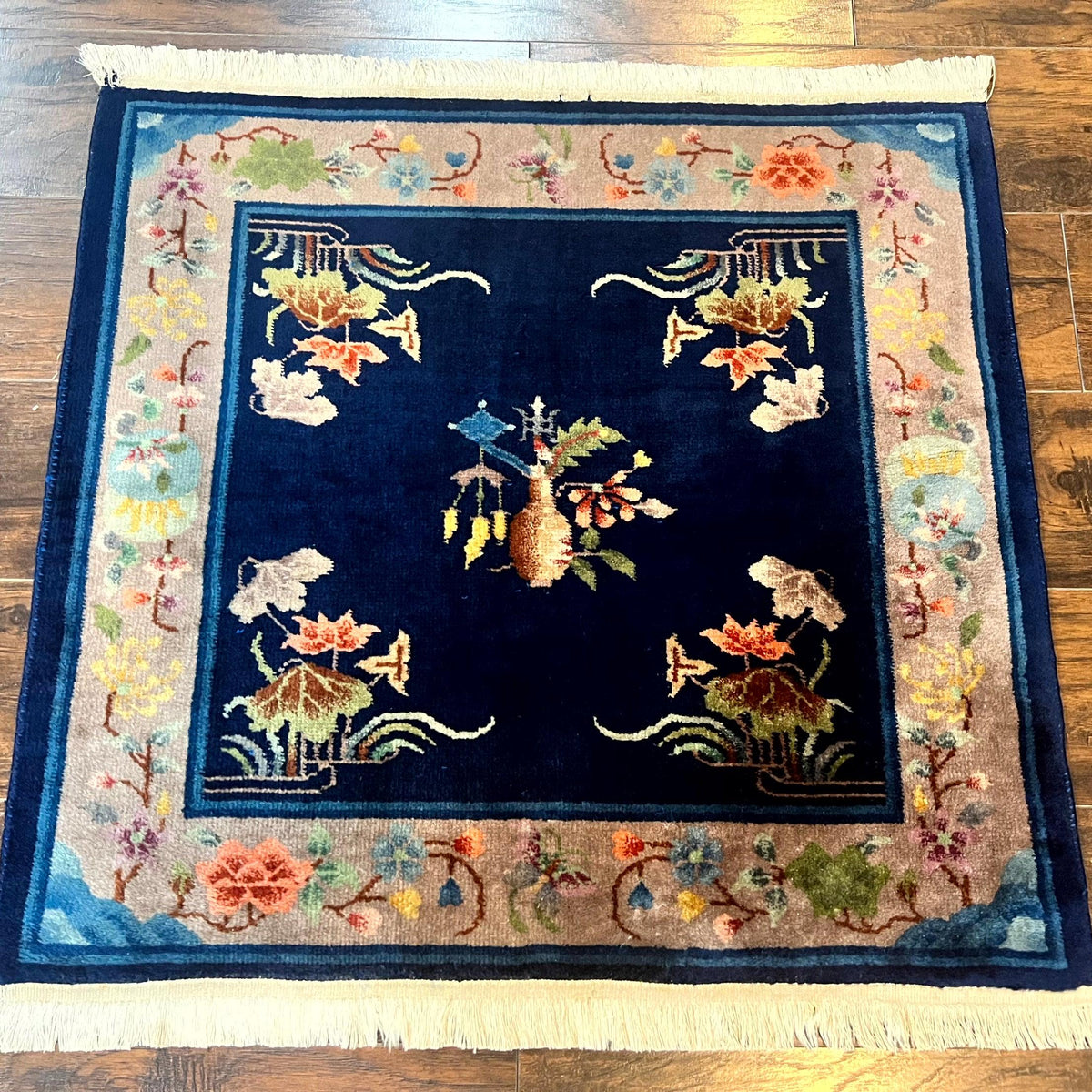 Small Square Chinese Nichols Wool Rug 3x3 ft, Blue, Handmade, Antique ...