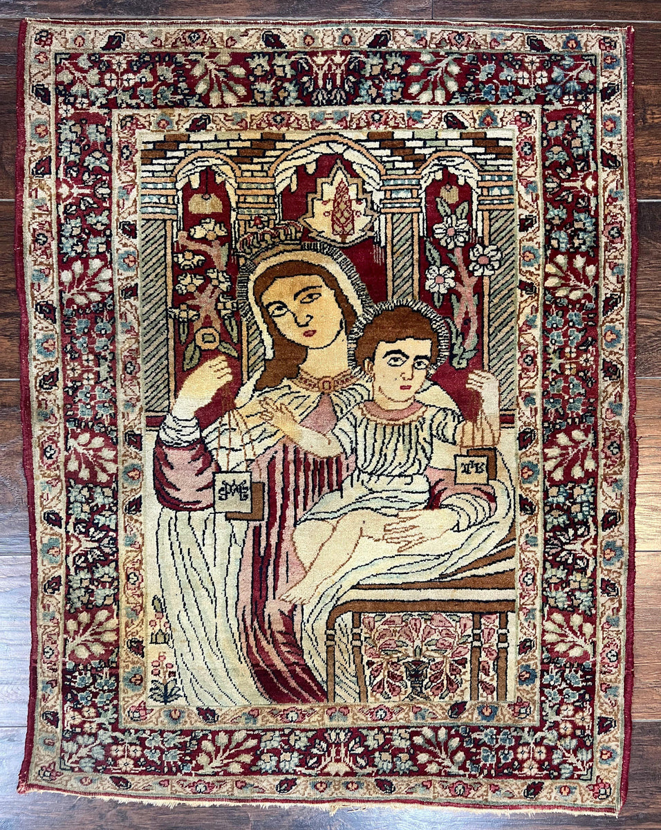 Antique Persian Pictorial Rug 2x3, Virgin Mary and Young Jesus, Rare C ...