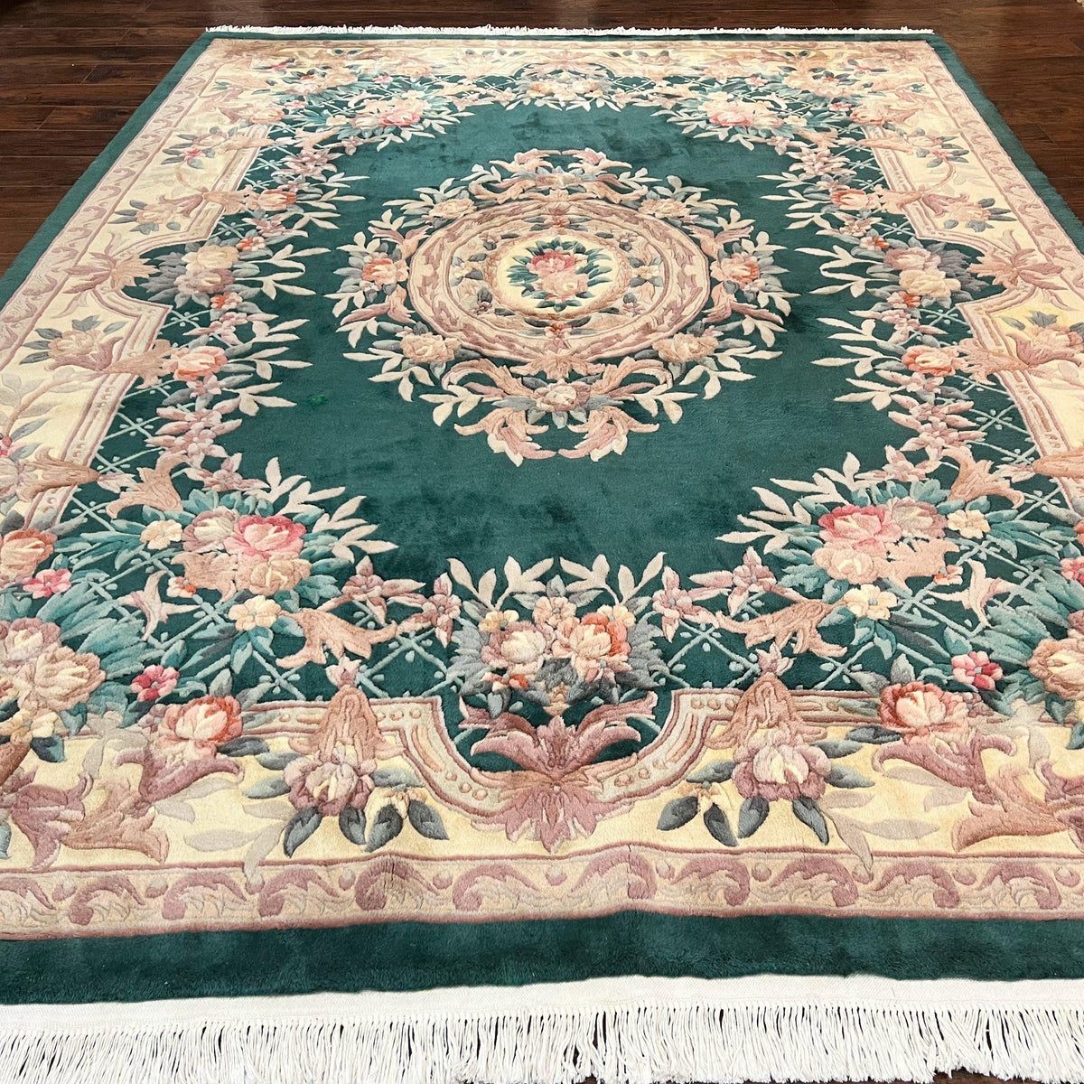 Chinese Wool Rug 9x11, Chinese Aubusson Carpet 9 x 11, Green and Cream ...