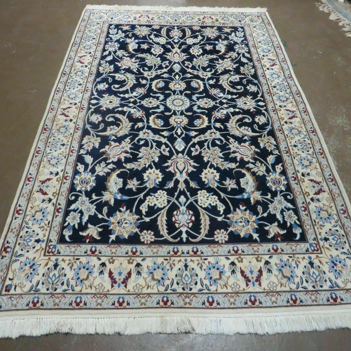 Persian Nain Rug 4x7, Navy Blue and Ivory, Handmade, Wool & Silk Highl ...
