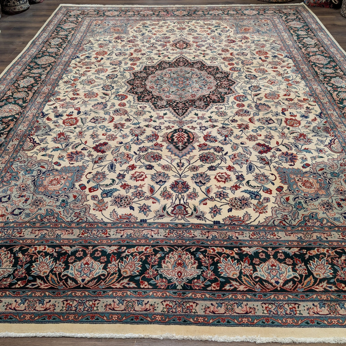 Sino Persian Rug 9x12, Ivory-Cream-Beige and Navy Blue, Floral Medalli ...