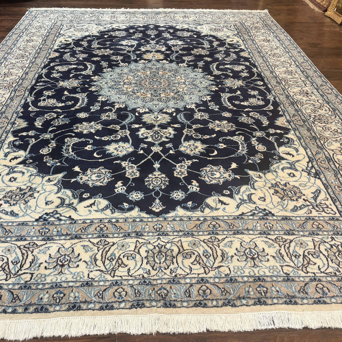 Persian Nain Rug 8x11, Navy Blue and Ivory, Handmade Wool Vintage Carp ...