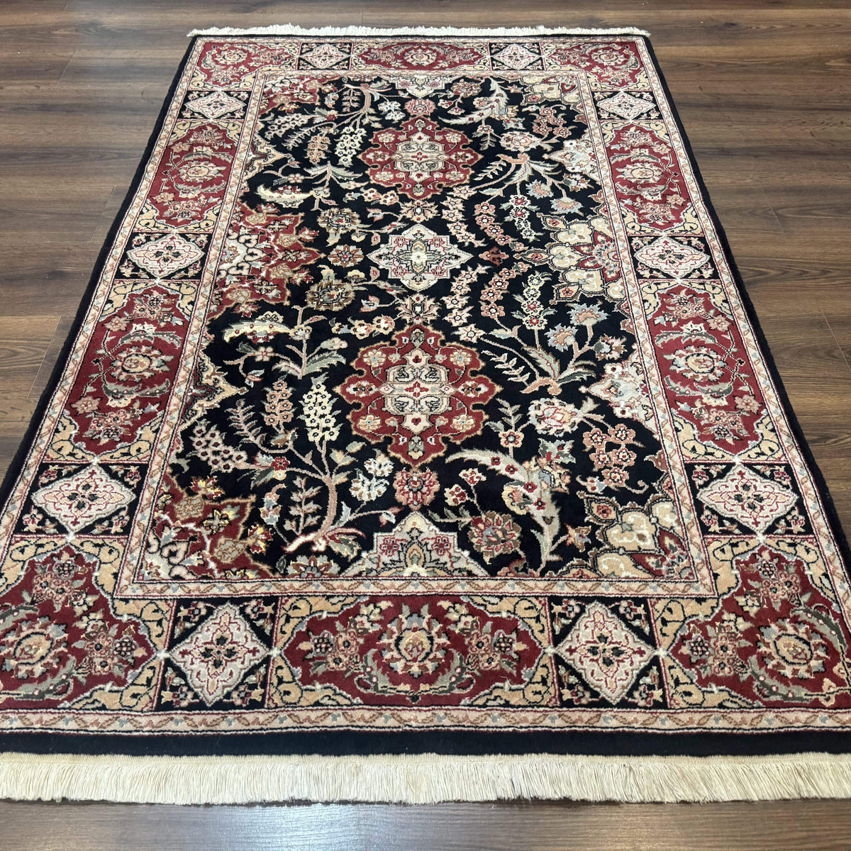 Pak Persian Rug 4x6, Black and Burgundy, Floral Allover, Wool and Silk ...
