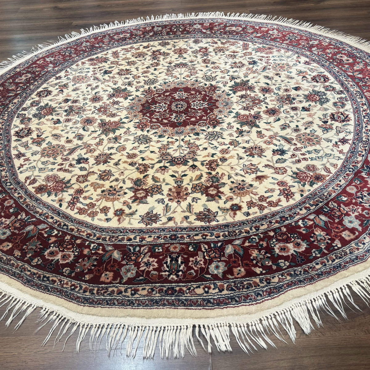 Round Sino Persian Rug 8x8, Wool and Silk, Floral Medallion, Ivory Dar ...
