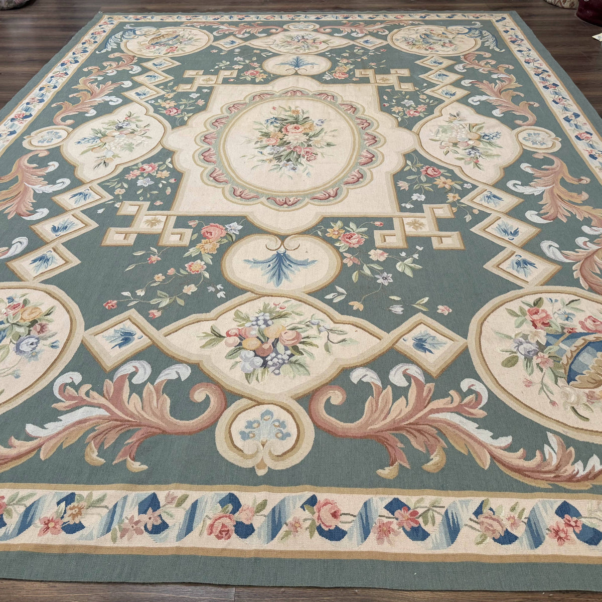 Aubusson Rug 9x12, Muted Sage Green and Cream, European Design – Jewel Rugs