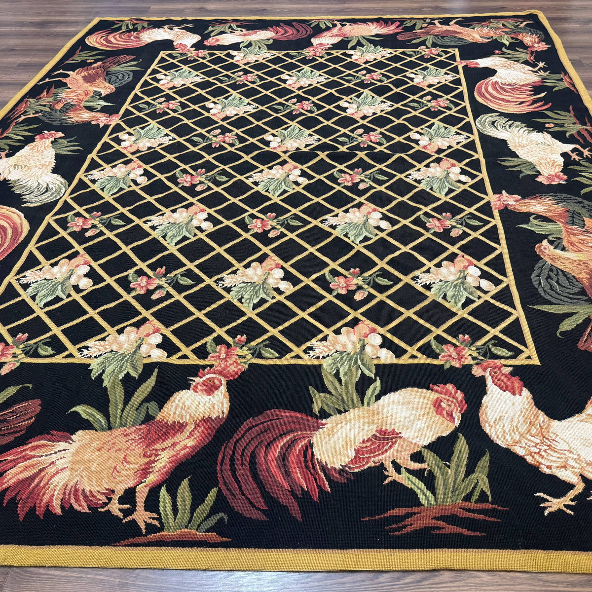 Black Needlepoint Rug 8x10, Roosters Floral Unique Needlepoint Carpet ...