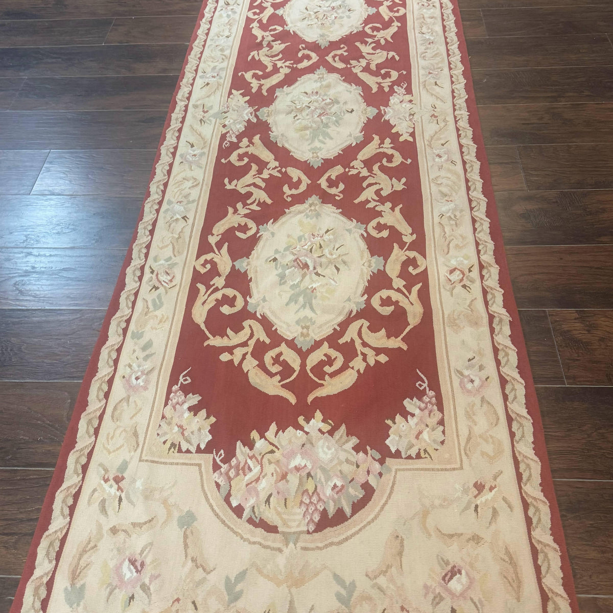 Aubusson Runner Rug 3x10, European Design, Red and Beige, Elegant, Han ...