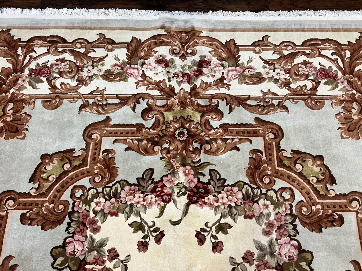 Aubusson Rug 10x13, Cream and Light Mint Green Hand Knotted Handmade F ...