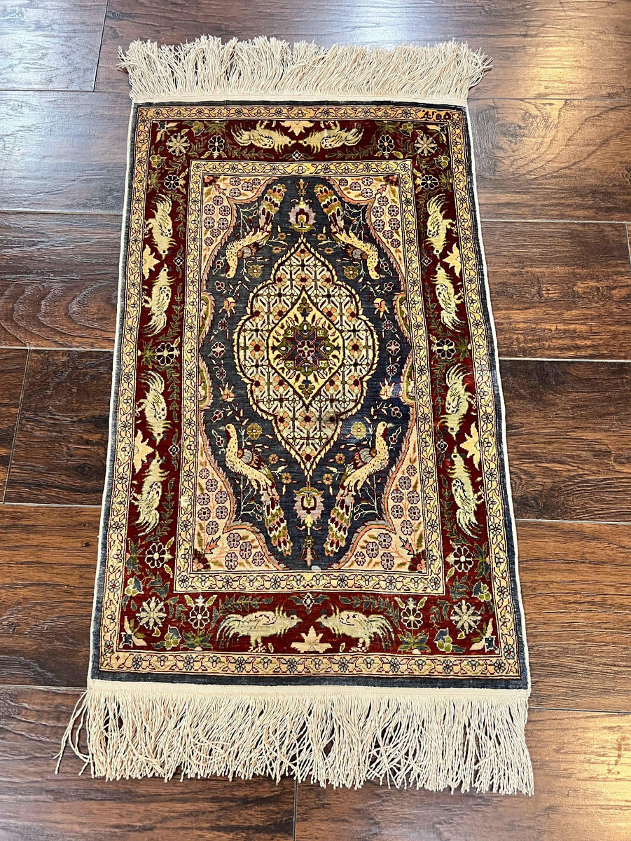 Silk Turkish Hereke Rug 2x3, Peacocks Birds, Signature from Master Wea ...