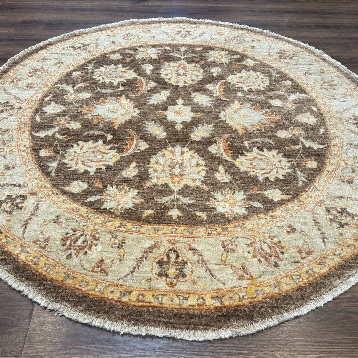 Round Pakistani Rug 6x6, Brown and Beige, Floral, Peshawar Rug, Tradit ...